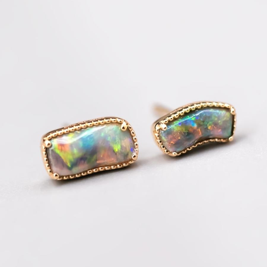 Asymmetrical Rectangle Shaped Black Opal Stud Earrings 18K Yellow Gold ...