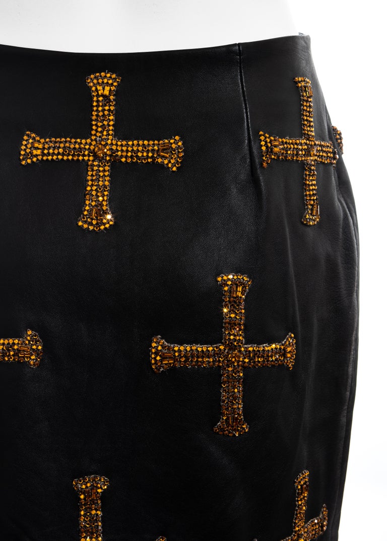 Atelier Versace black leather mini skirt with gold embellished crosses ...