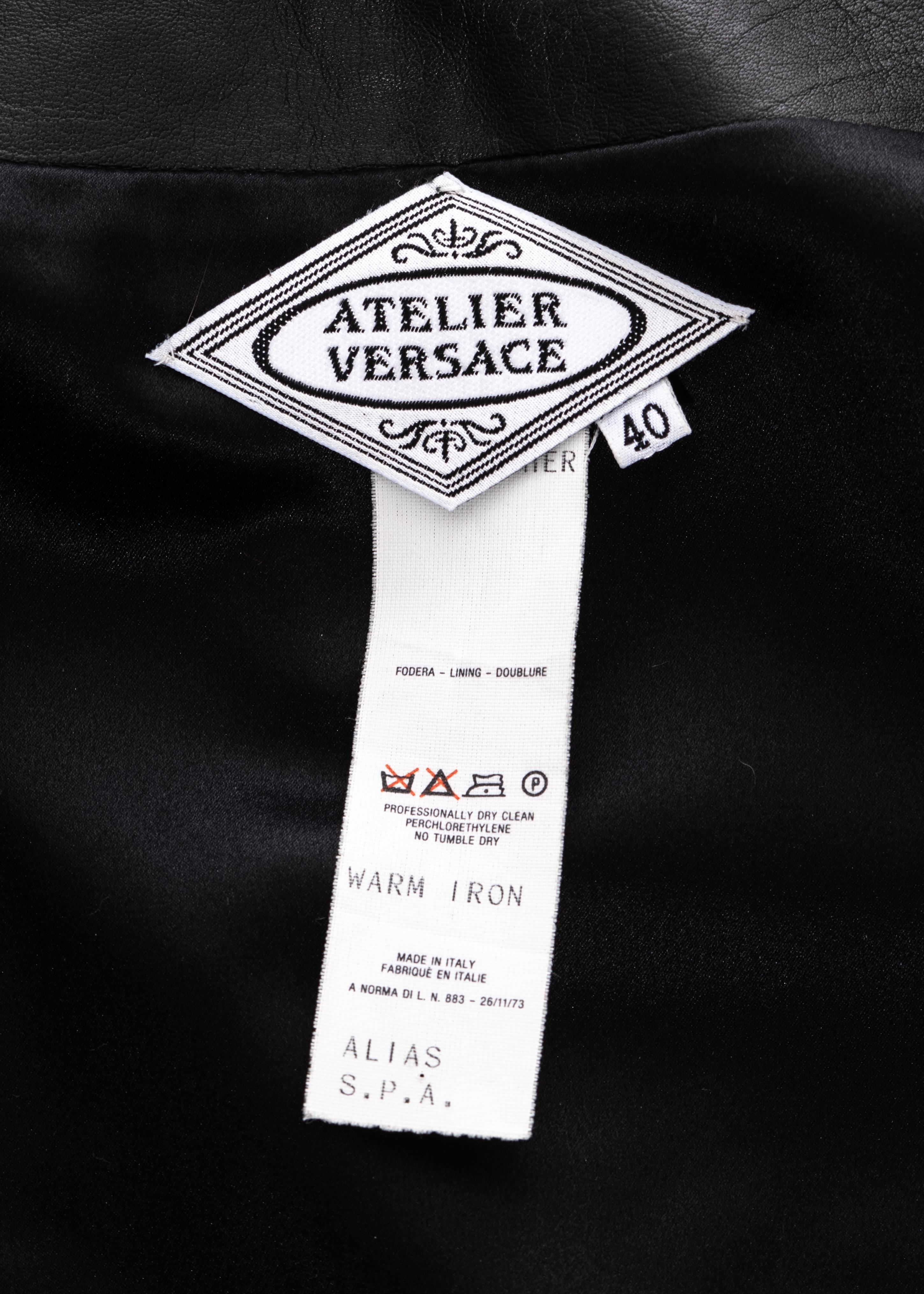 Atelier Versace black leather mini skirt with gold embellished crosses ...