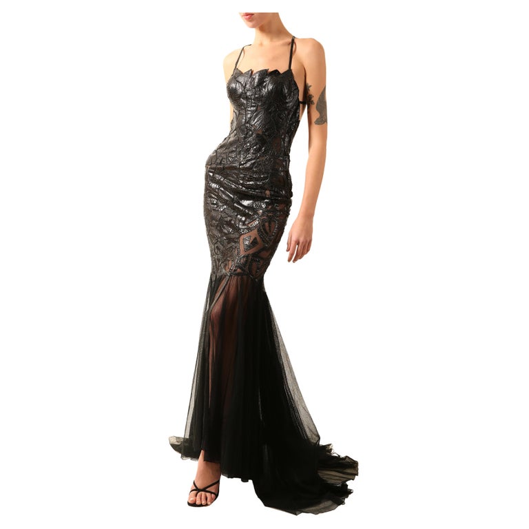 Atelier Versace black python sheer mesh cut out backless fitted maxi ...