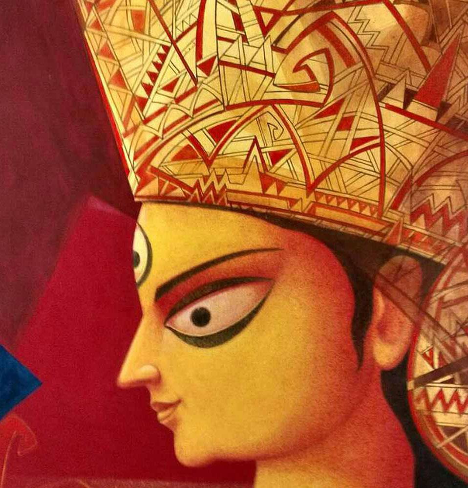 Atin Basak - Durga, Diosa India, Mitología, Témpera sobre tabla, Rojo, Colores amarillos "En ...