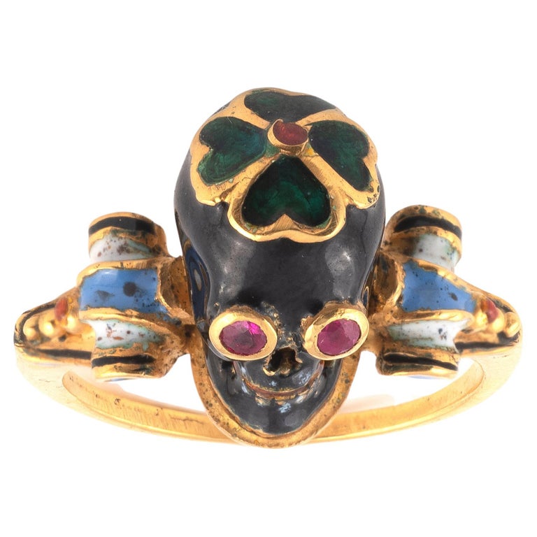 Attilio Codognato Renaissance Revival Enamel Ruby Gold Skull Ring at ...