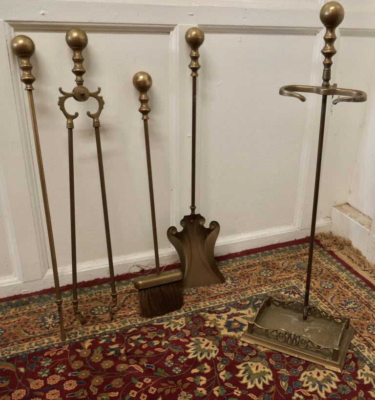 Attractive Brass Fireside Companion Set, Fireside Tools For Sale at 1stDibs