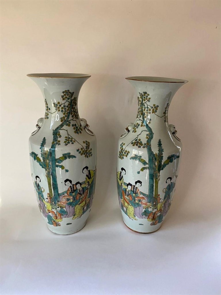 Attractive Tall Hand Painted Oriental Porcelain Vases For Sale at 1stDibs