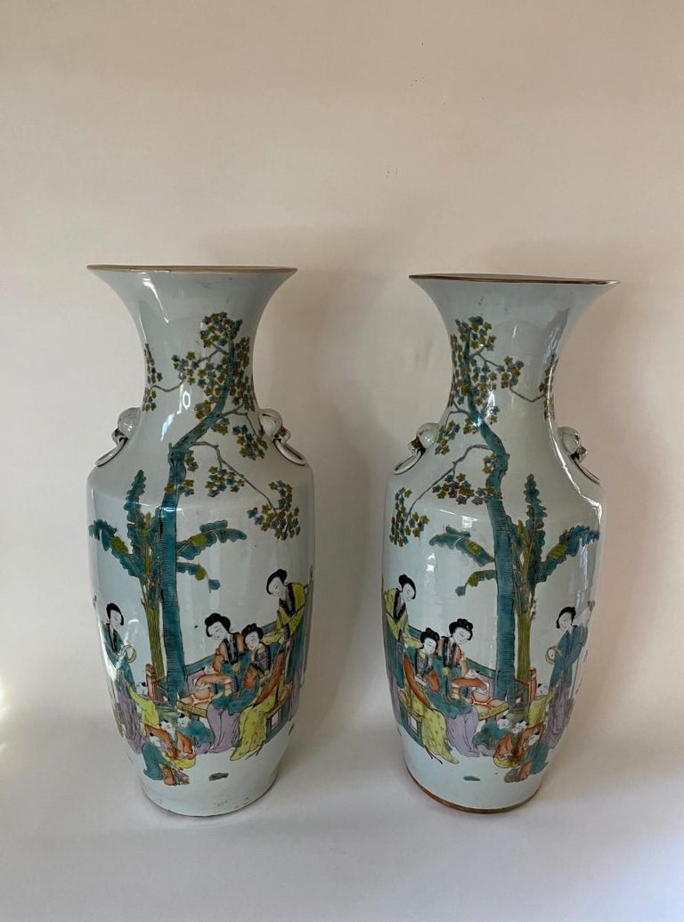 Attractive Tall Hand Painted Oriental Porcelain Vases For Sale at 1stDibs