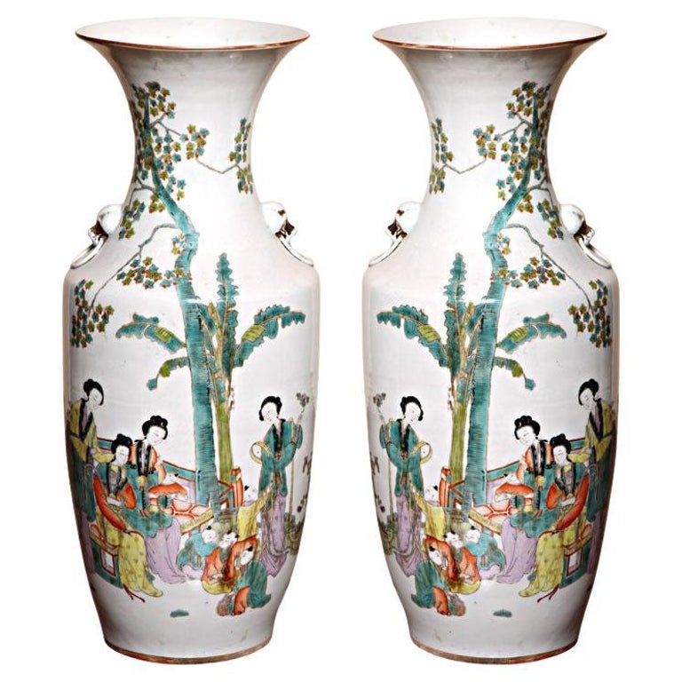 Attractive Tall Hand Painted Oriental Porcelain Vases For Sale at 1stDibs