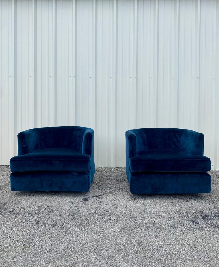 Attributed to Milo Baughman Navy Velvet Hexagonal Swivel Chairs For ...