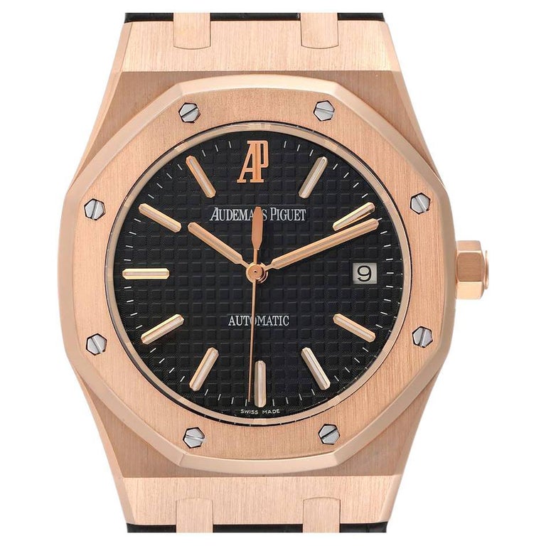 Audemars Piguet Royal Oak 18K Rose Gold Black Dial Watch 15300OR Box ...