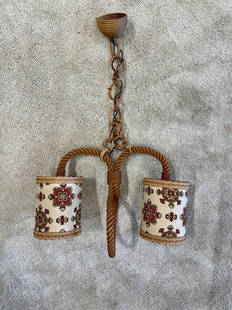 Audoux et Minet Double Arm Rope-Clad Hanging Light For Sale at 1stDibs