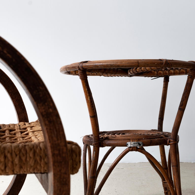 Audoux Minet Rattan and Bamboo Round Side Table w/ Lower Shelf, 1960s ...