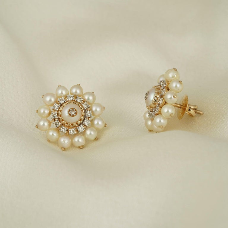 Audrey Pearl Gold and Diamond Ear Tops For Sale at 1stDibs