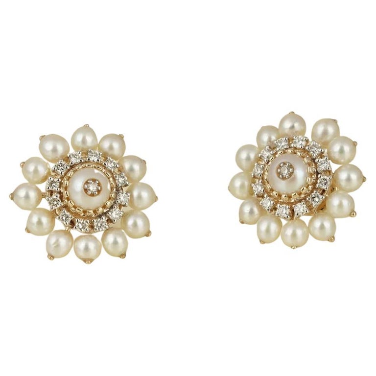 Audrey Pearl Gold and Diamond Ear Tops For Sale at 1stDibs