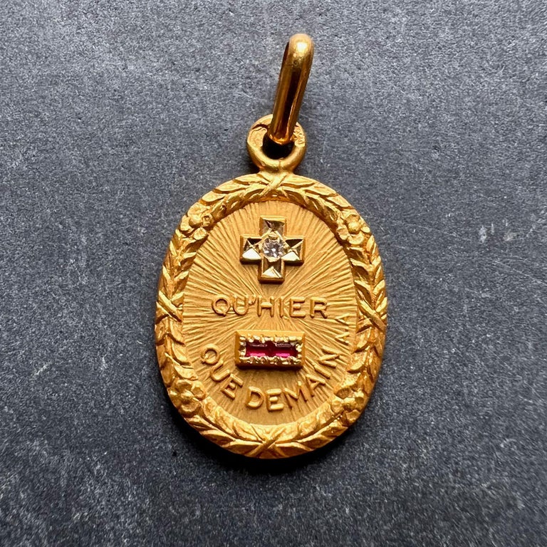 Augis French Oval Plus Qu’hier Ruby Diamond 18K Yellow Gold Love Charm ...