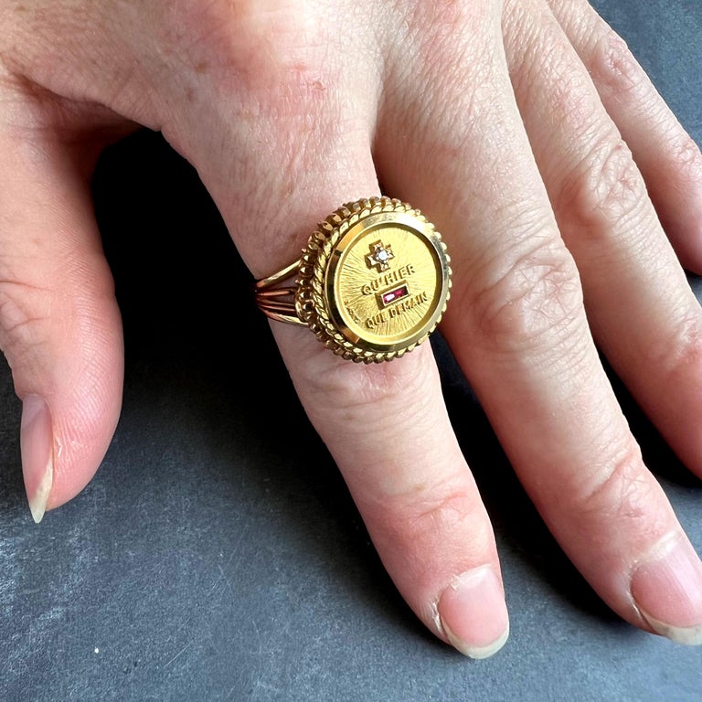 Augis French Plus Hier Ruby Diamond 18K Yellow Gold Love Token Ring For ...