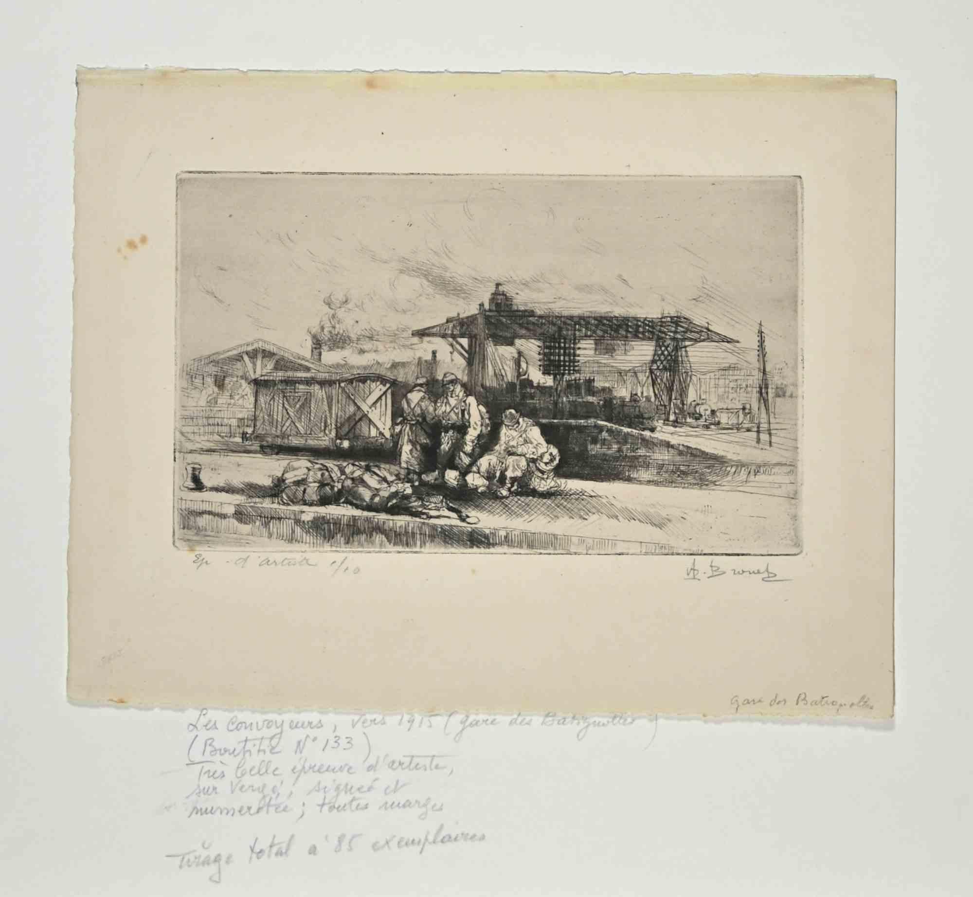 Auguste Brouet - Station - Original Etching by Auguste Brouet - Early 20th Century at 1stDibs