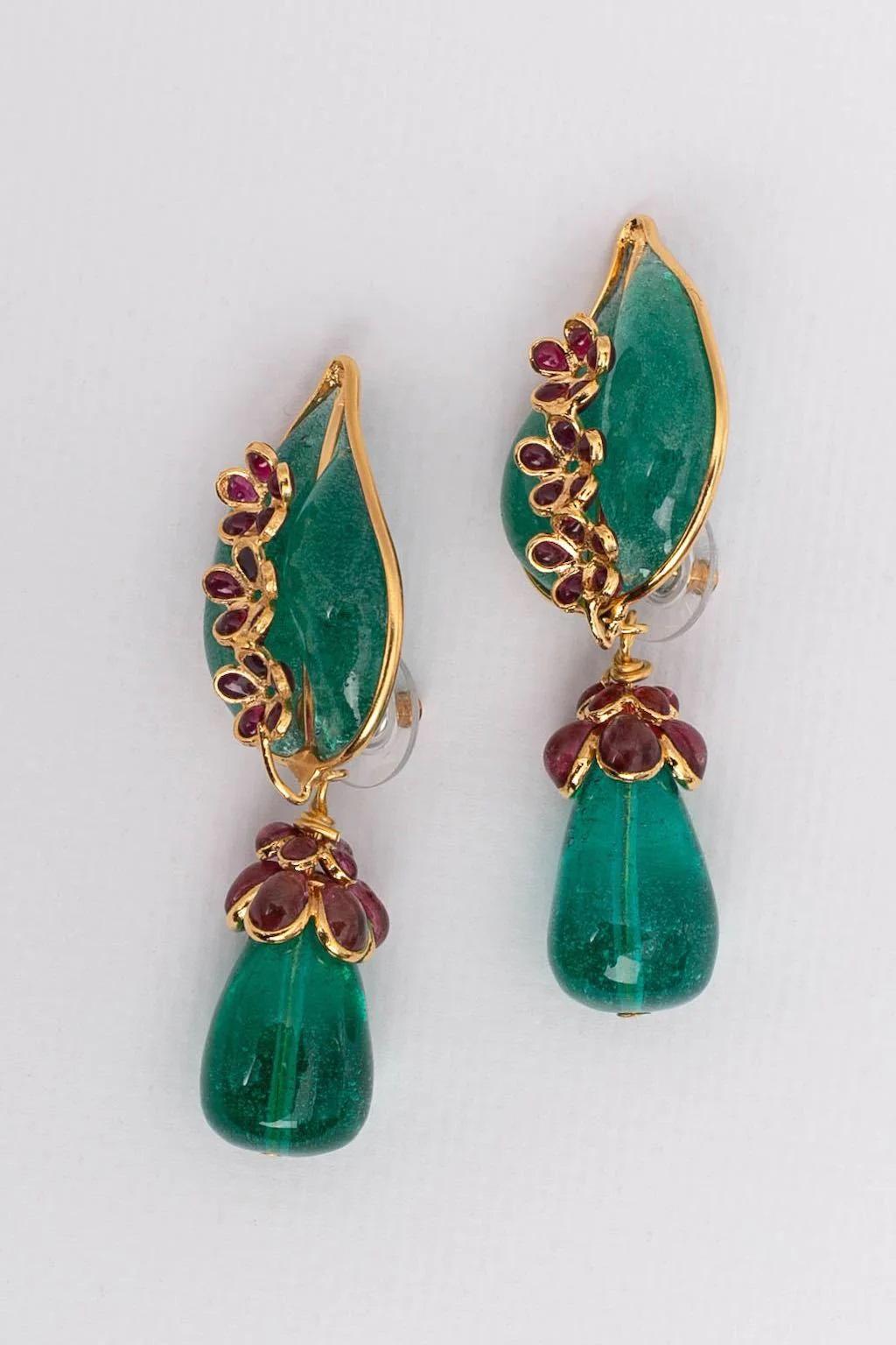 Augustine Gilted Metal Earrings with Green Glass Paste For Sale at 1stDibs