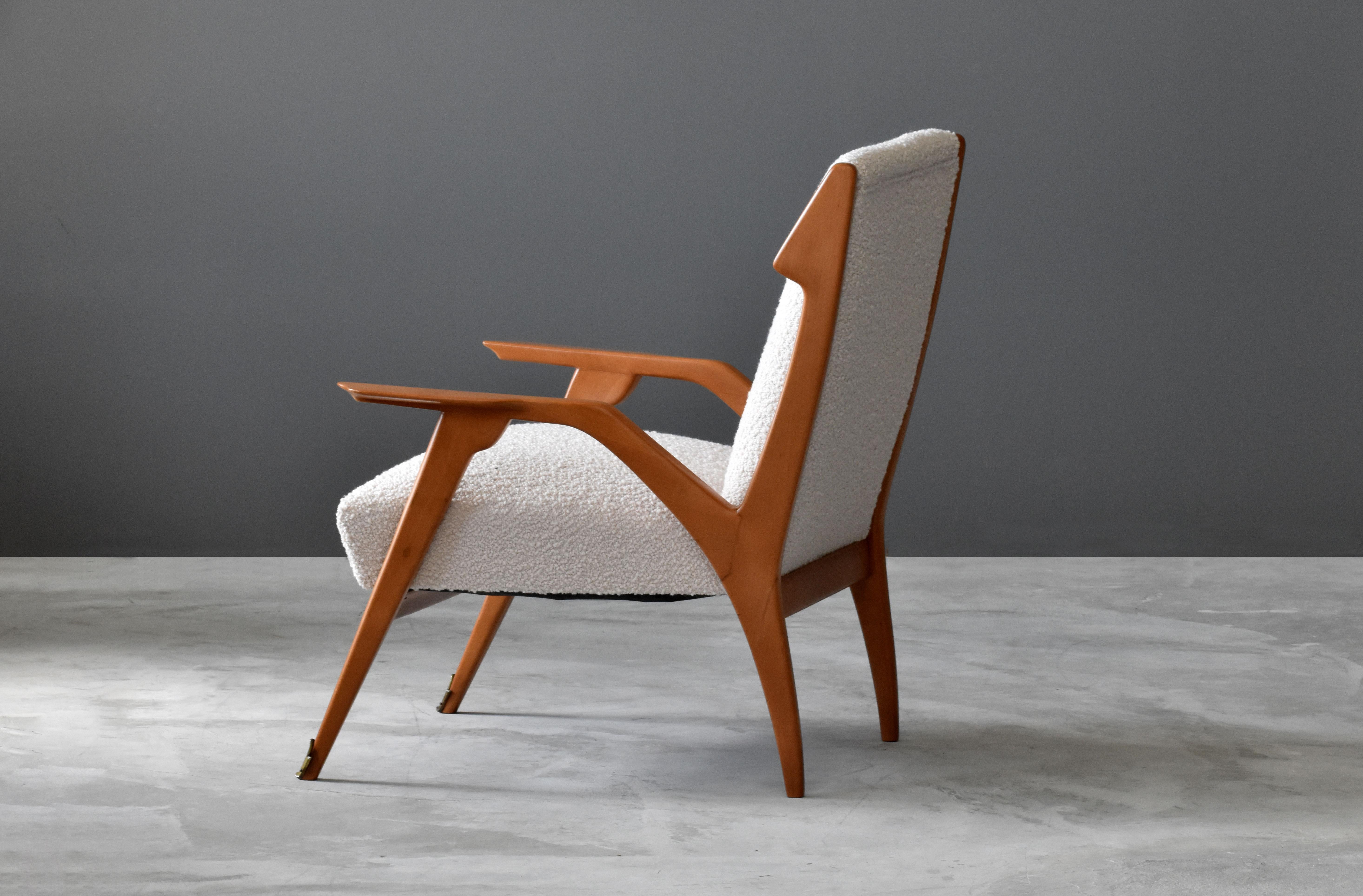 Augusto Romano 'Attribution', Lounge Chair, Oak, Brass, Bouclé, Italy ...
