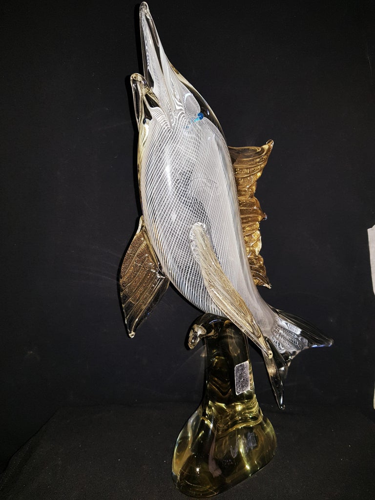 Middle of century large murano glass reticello with gold leaf swordfish ...