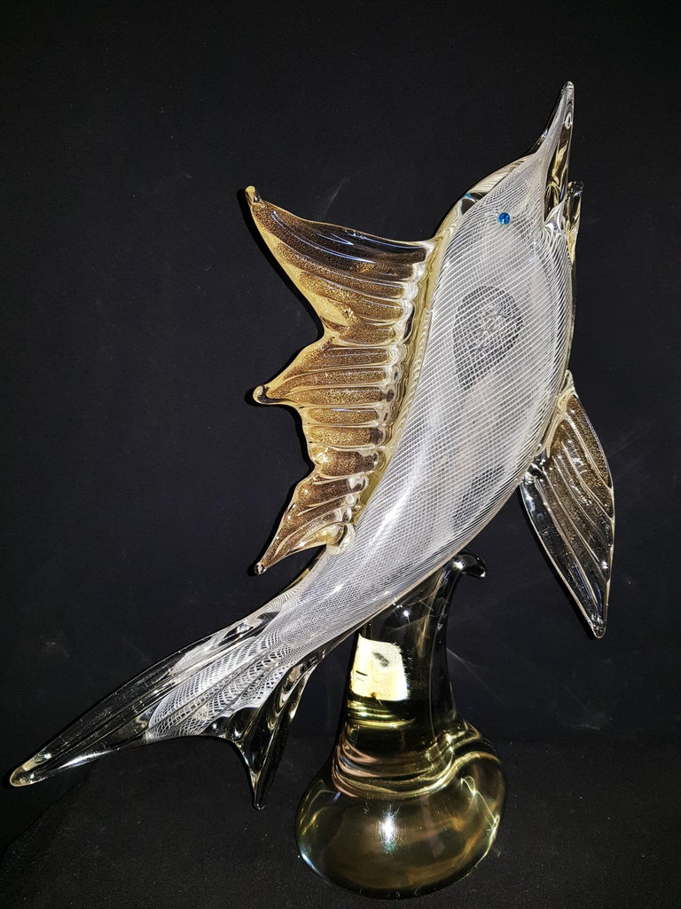Middle of century large murano glass reticello with gold leaf swordfish ...