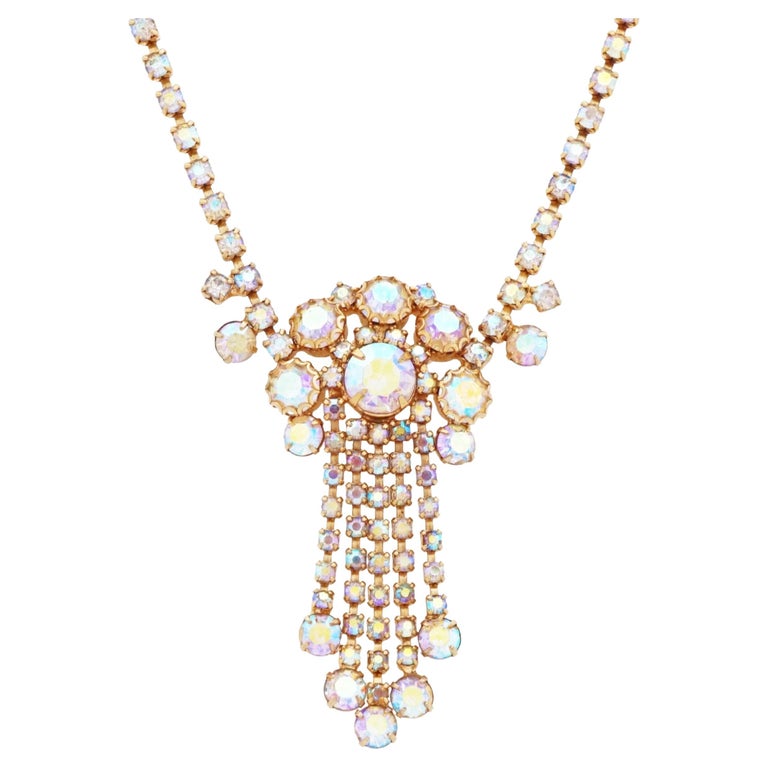 Aurora Borealis Crystal Choker Necklace With Fringe Dangle, 1960s For ...