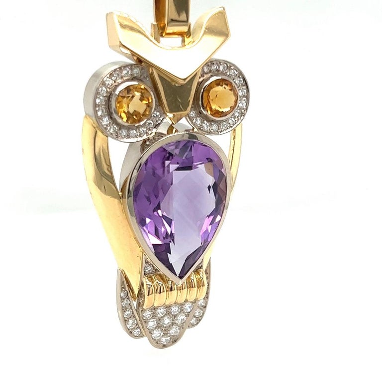 Ausgefallene Eule in 14 Karat Gelb -Und Weißgold Amethyst, Citrin + Brillanten` For Sale at 1stDibs
