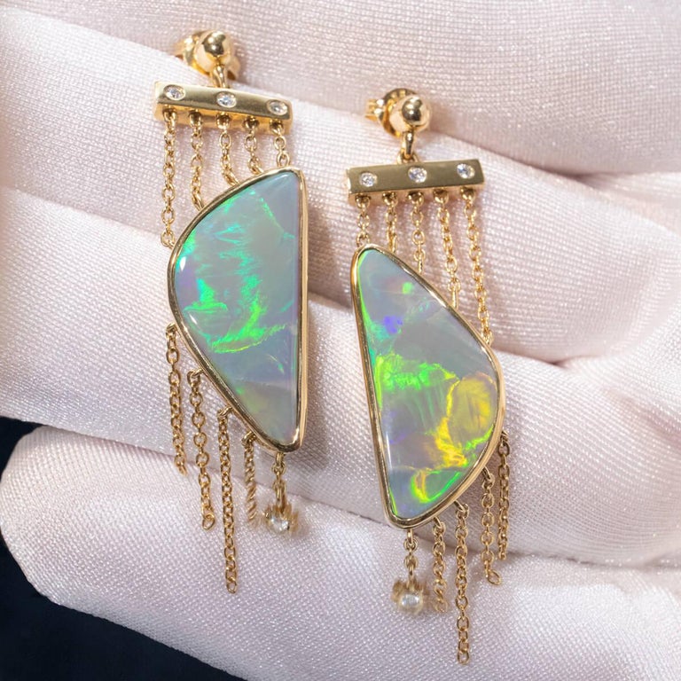 Australian 13.77ct Dark Opal, Diamond and 18K Gold Earrings For Sale at 1stDibs