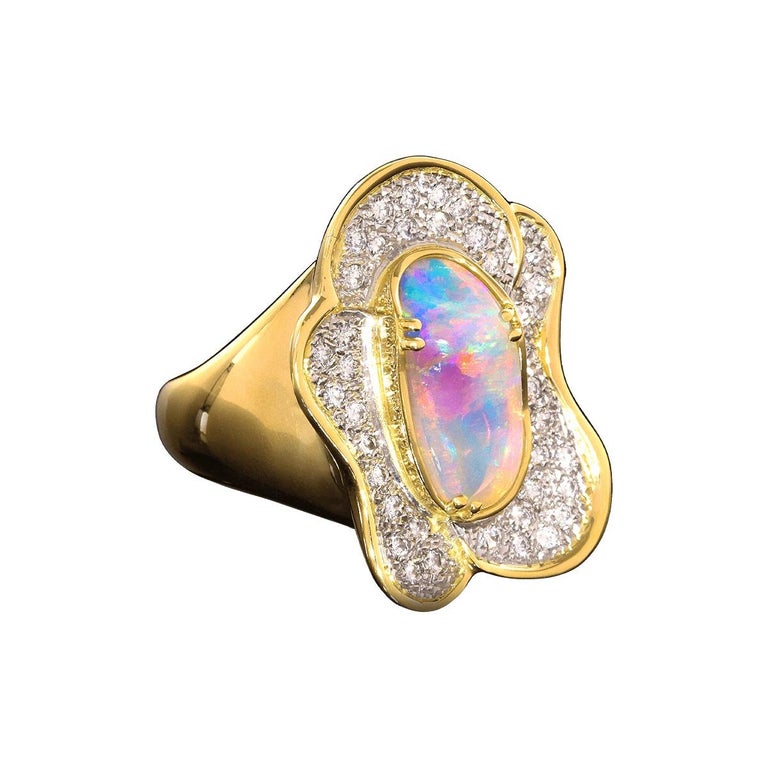 Australian 2.71ct Crystal Opal, Diamond, 18K Gold and Platinum Ring For ...