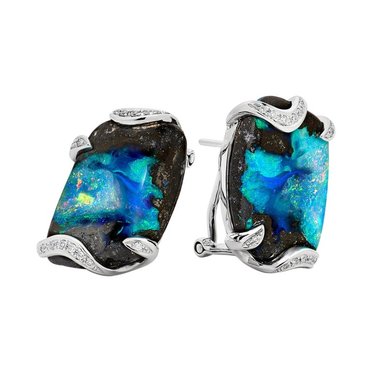 Natural Australian 25.89ct Boulder Matrix Opals/Diamond Earrings 18K ...