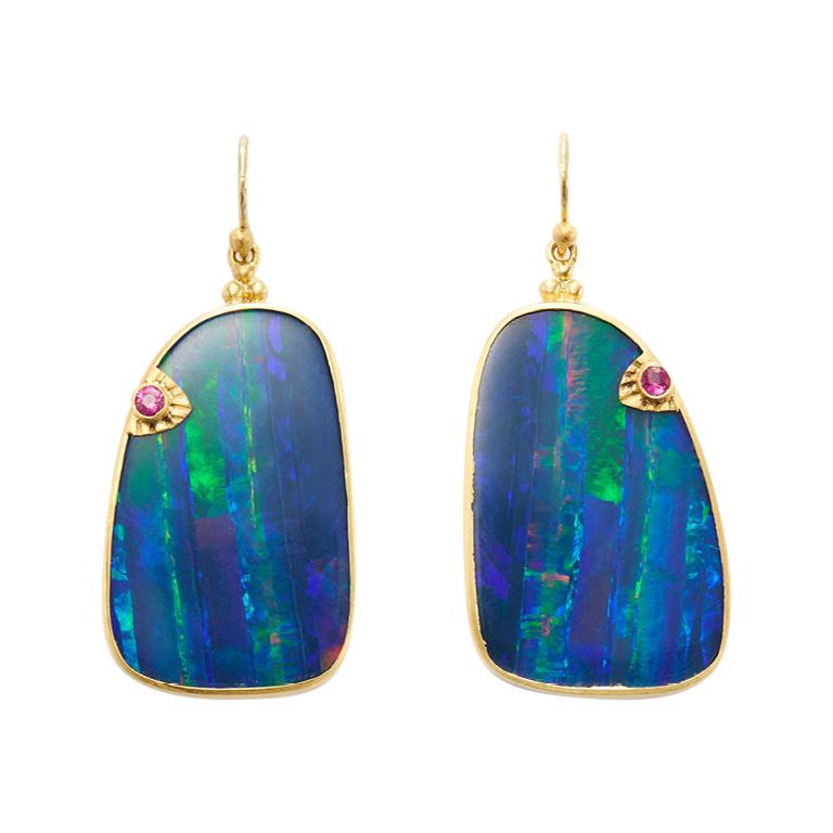 Australian Boulder Opal and Pink Sapphire Earrings set in 18 Karat Gold ...