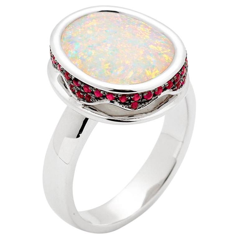 Natural Australian 5.08ct Light Boulder Opal/Rubies Ring in 18K White ...