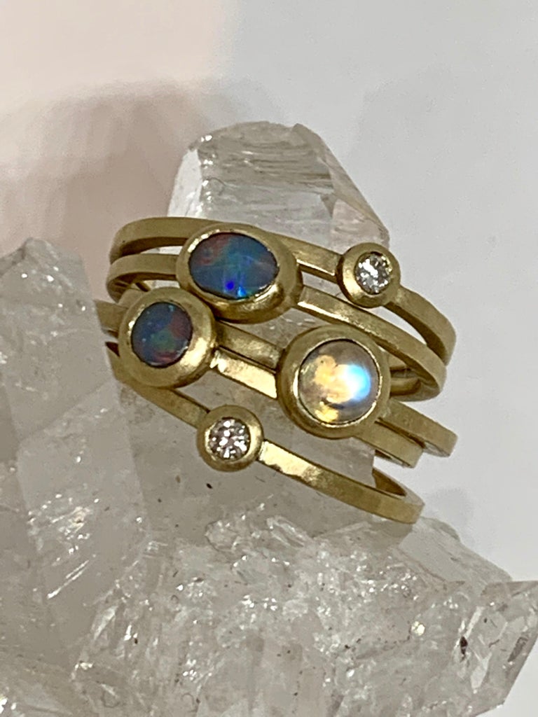 Australian Opal Diamond Moonstone Fine 18 Karat Yellow Gold Stacking Ring For Sale at 1stDibs