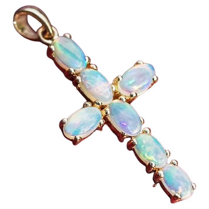Australian Solid Opal Cross Pendant Necklace 18K Yellow Gold For Sale ...