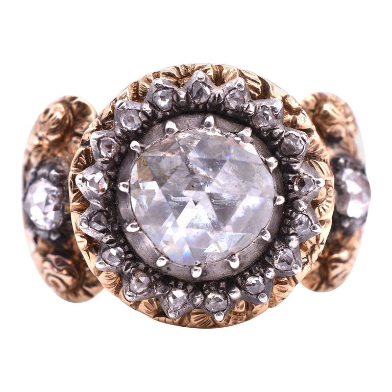 Austrian 18 Karat Rose Diamond Repousse Ring at 1stDibs