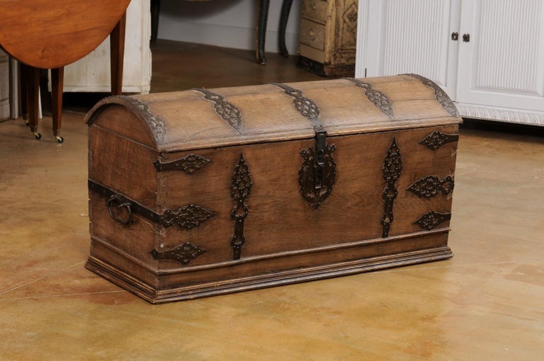 Austrian 18th Century Oak Trunk with Domed Lid and Ornate Iron Hardware ...