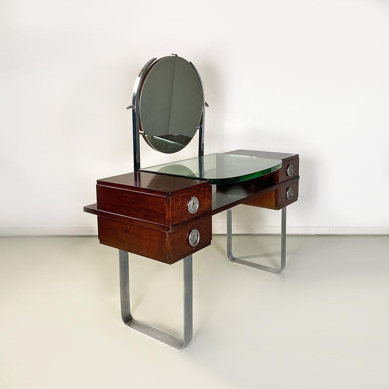Austrian Art Decò Wood Briar Aquamarine Glass and Metal Console with Mirror 1930 For Sale at 1stDibs