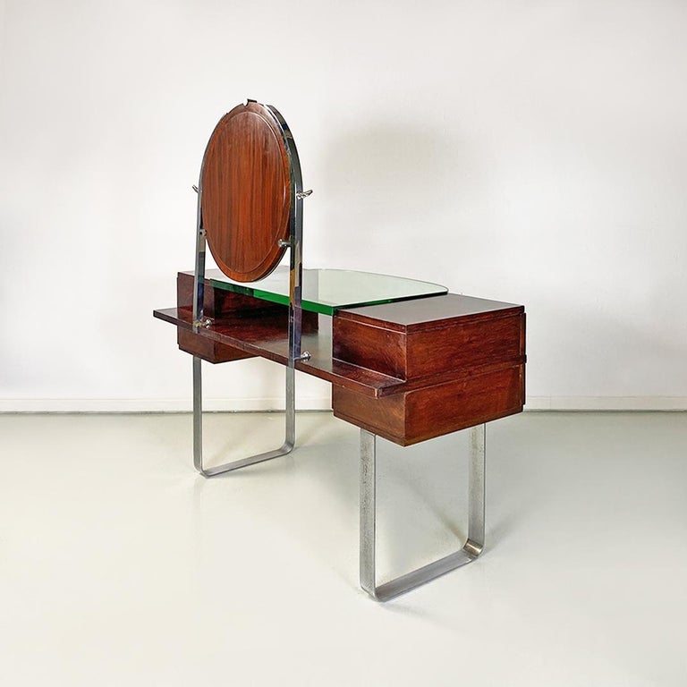 Austrian Art Decò Wood Briar Aquamarine Glass and Metal Console with Mirror 1930 For Sale at 1stDibs