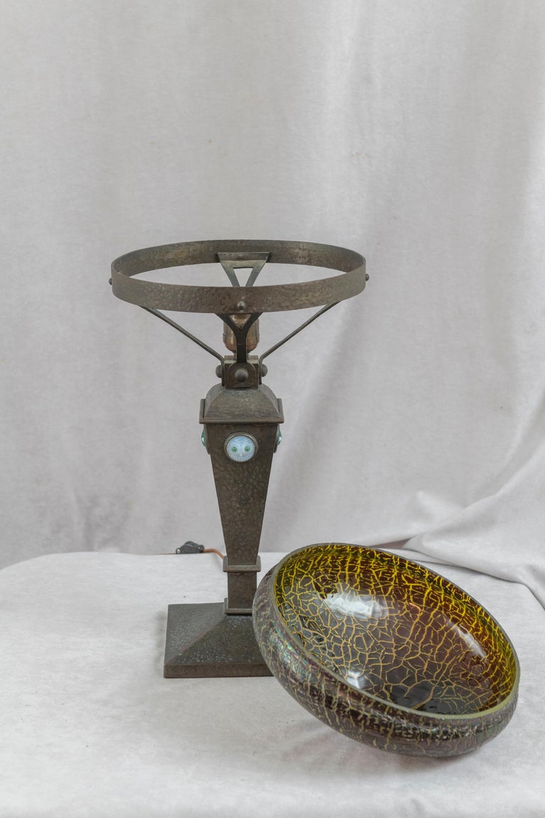 Austrian, Arts and Crafts Table Lamp, Red Shade, w/Owl Faces in Jewels ...