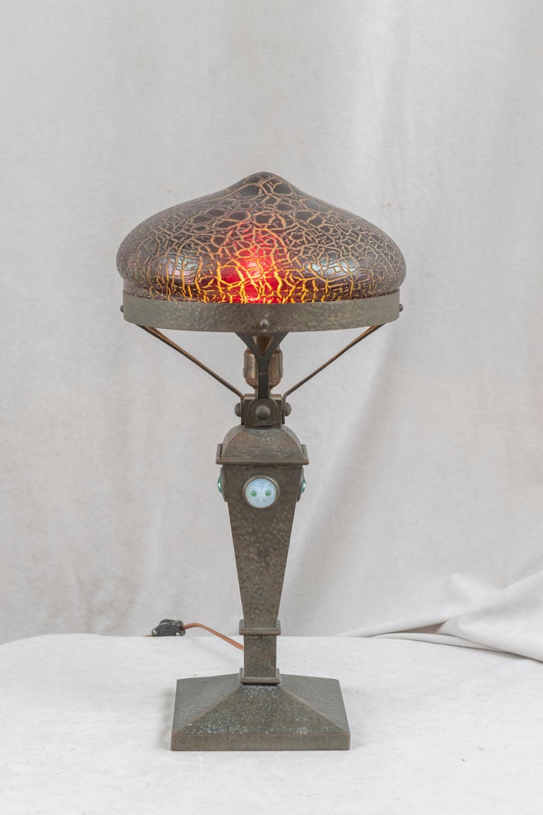 Austrian, Arts and Crafts Table Lamp, Red Shade, w/Owl Faces in Jewels ...
