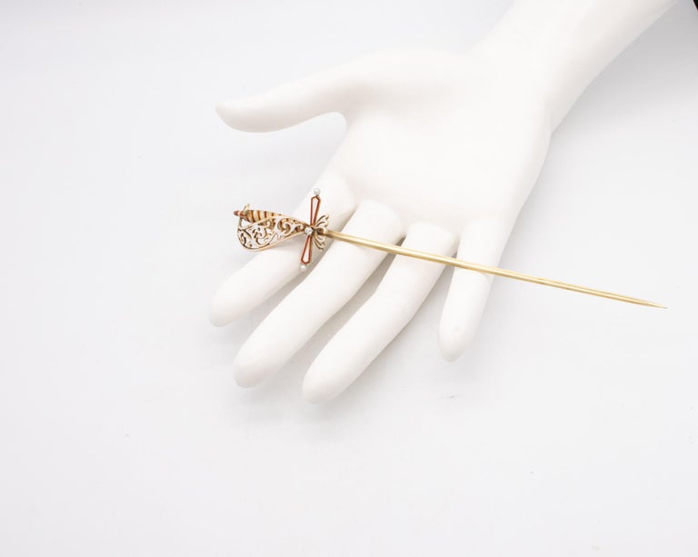 Austrian German 1900 Sword Pin Jabot 18Kt Yellow Gold Enamel, Diamond ...