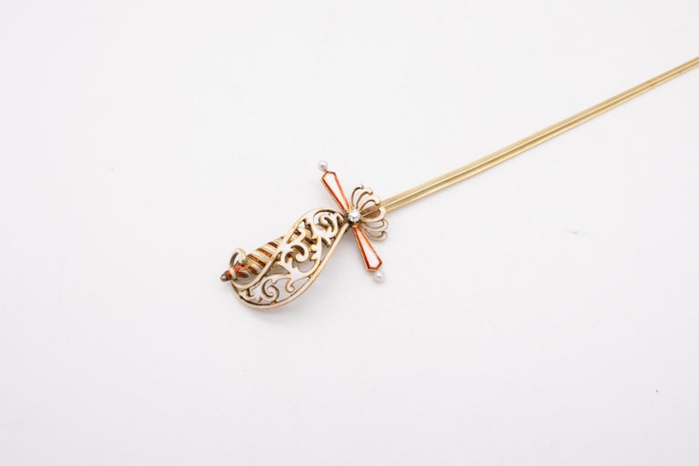 Austrian German 1900 Sword Pin Jabot 18Kt Yellow Gold Enamel, Diamond ...