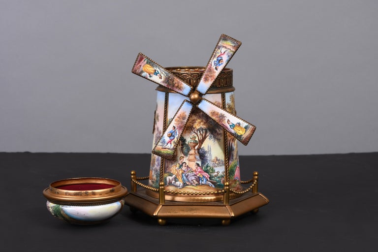 Austrian Gilt Metal and Enamel Dutch Windmill Jewelry Music Box For ...
