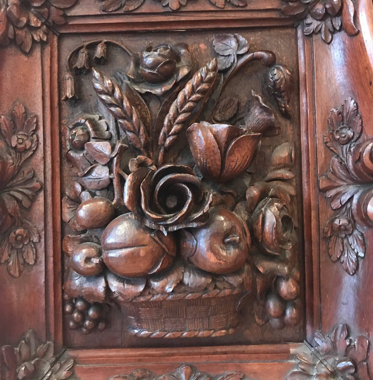 Austrian Hand-Carved Walnut Framed Floral Plaque For Sale at 1stDibs