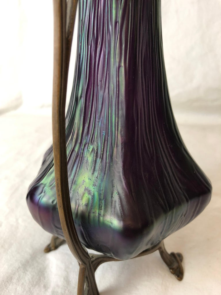 Austrian Loetz Art Nouveau Glass Vase on Bronze Stand For Sale at 1stDibs