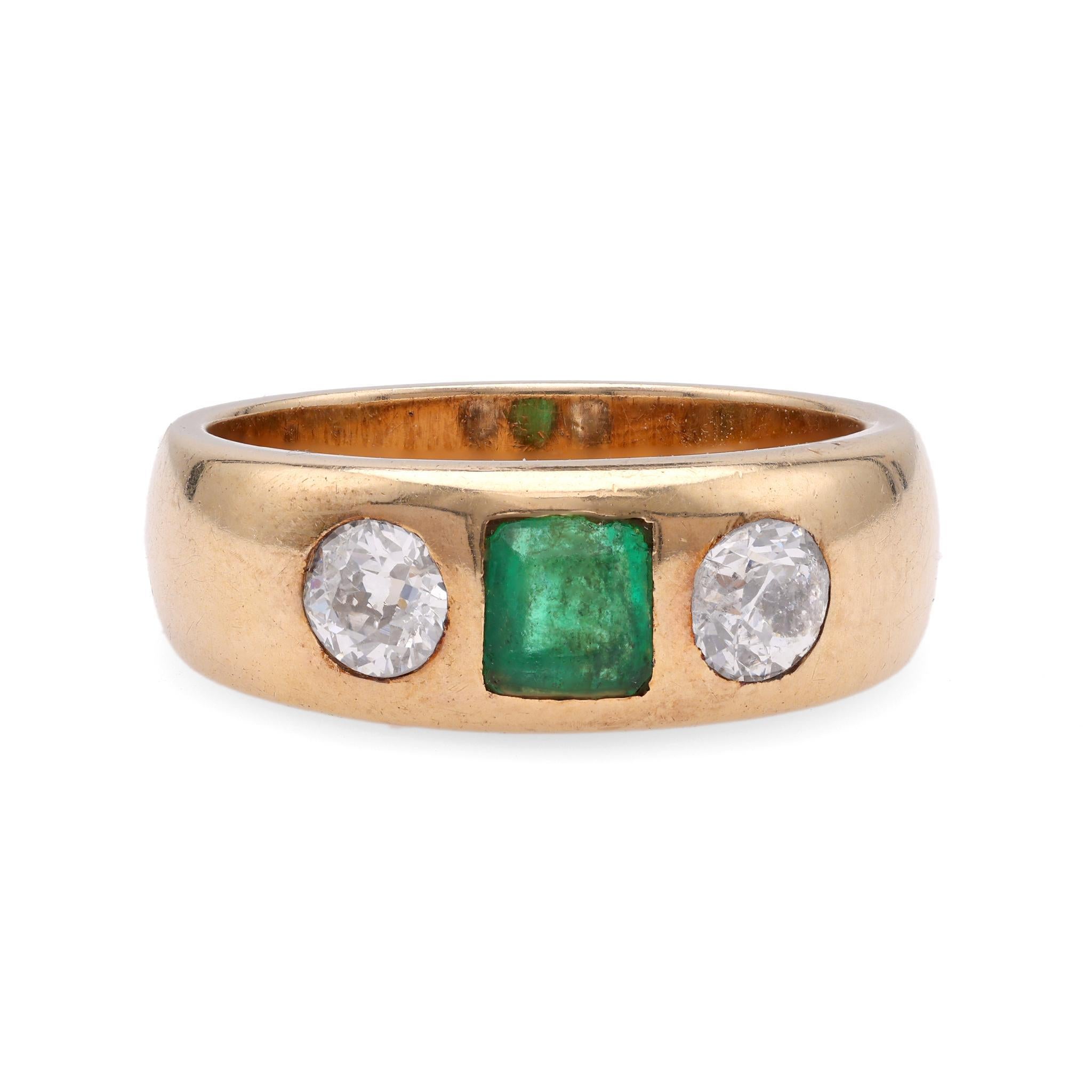 Austrian Mid Century Emerald Diamond Gold Gypsy Ring For Sale at 1stDibs