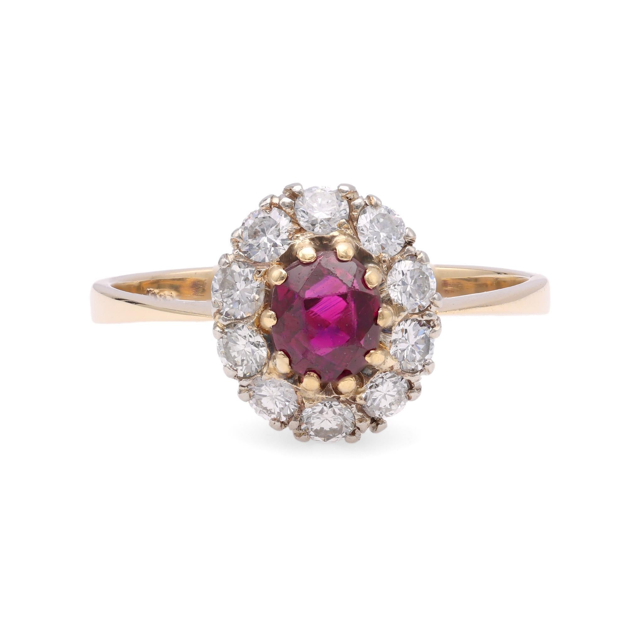 Austrian Mid Century Ruby Diamond Gold Cluster Ring For Sale at 1stDibs