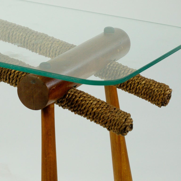 Austrian Midcentury Beechwood Side Table with Cord and Glass Top by Max ...