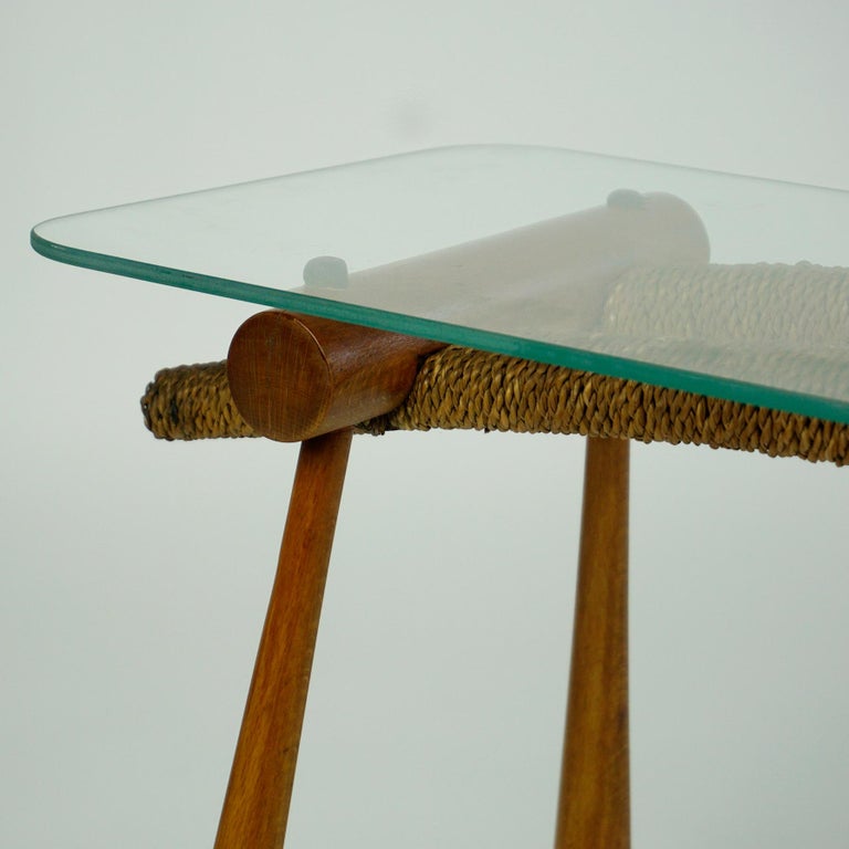 Austrian Midcentury Beechwood Side Table with Cord and Glass Top by Max ...