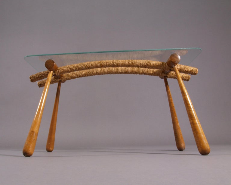 Austrian Midcentury Beechwood Side Table with Cord and Glass Top by Max ...