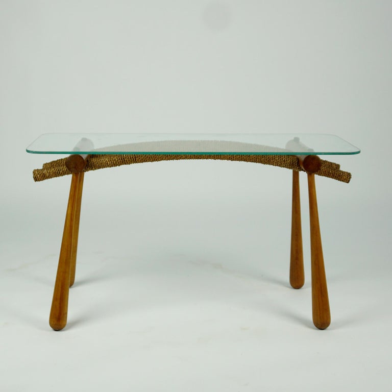 Austrian Midcentury Beechwood Side Table with Cord and Glass Top by Max ...