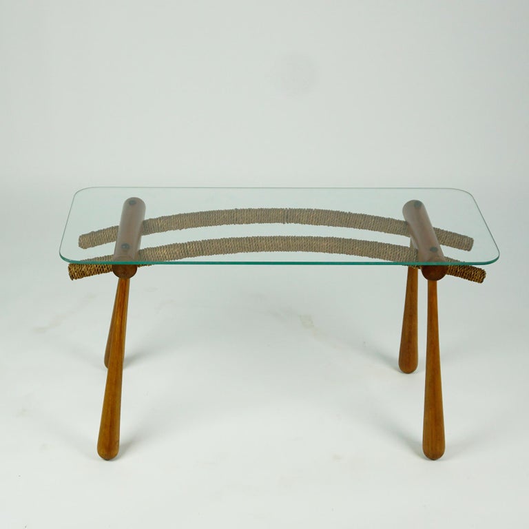 Austrian Midcentury Beechwood Side Table with Cord and Glass Top by Max ...